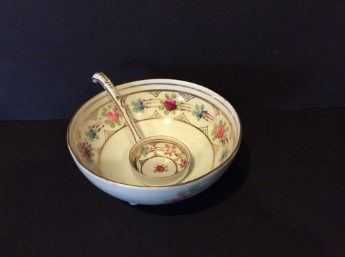 VINTAGE HAND PAINTED NIPPON FOOTED CONDIMENT SERVING BOWL WITH LADLE | eBay