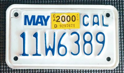 2000 California Motorcycle License Plate # 11W6389 - Excellent 20 Year ...