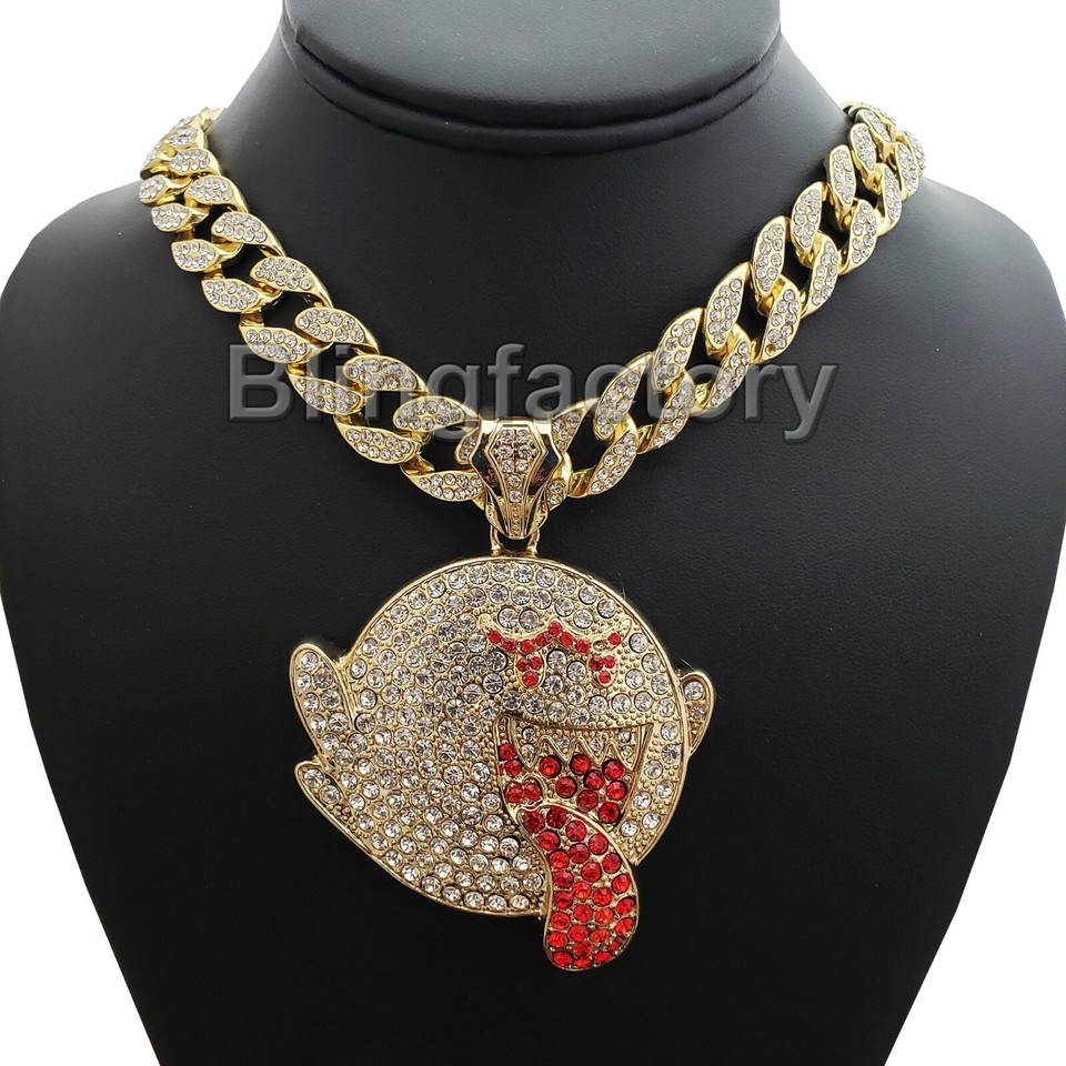 Gold Plated Mario Ghost Boo Pendant & Iced Cuban Cubic Zirconia Chain ...