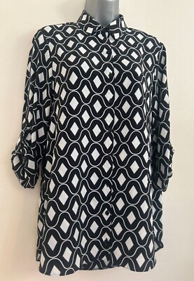 NEW Ex Ladies Black White Diamond Print Collar Buttons Up Shirt Blouse ...