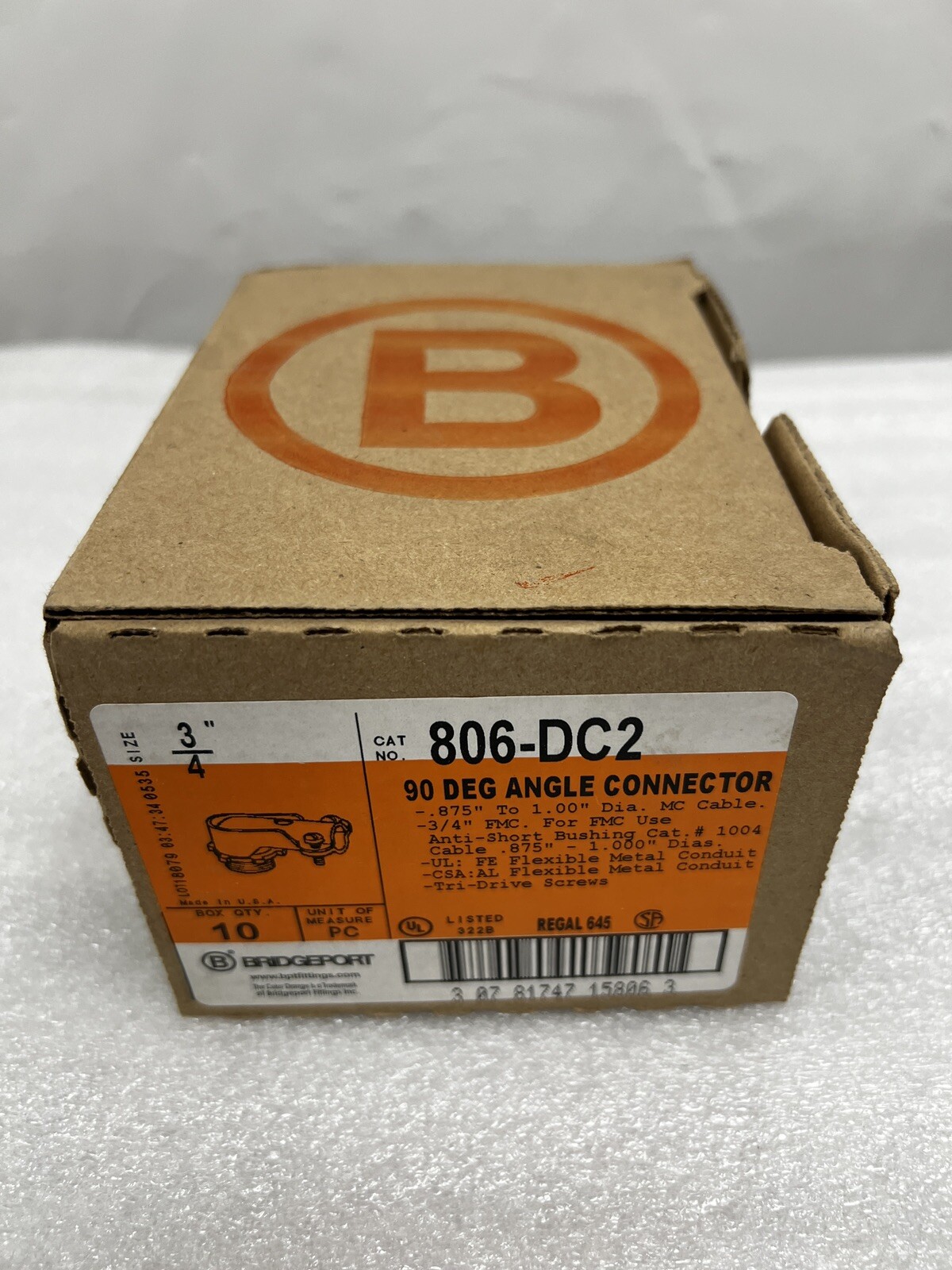BRIDGEPORT 806-DC2 Conduit Connector Flex 90° Zinc Die Cast 3/4 in ...
