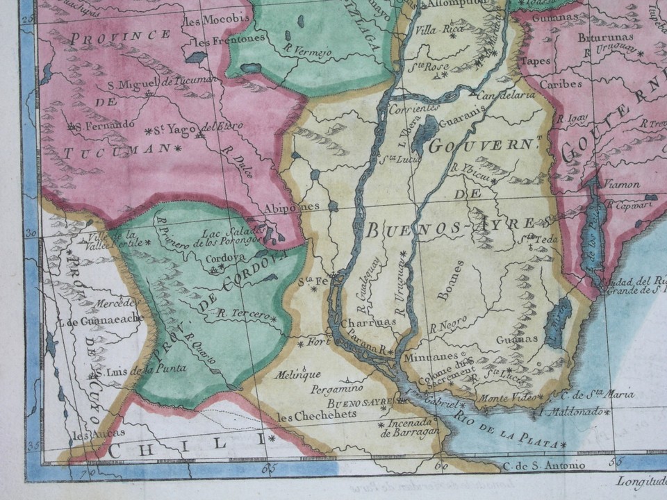 1780 NICE ORIGINAL MAP SOUTH AMERICA ARGENTINA BRAZIL URUGUAY PARAGUAY ...