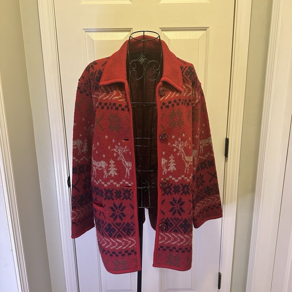 Bernardo Essentials Wool Coat Red Fair Isle Reindeer Pattern Women L ...