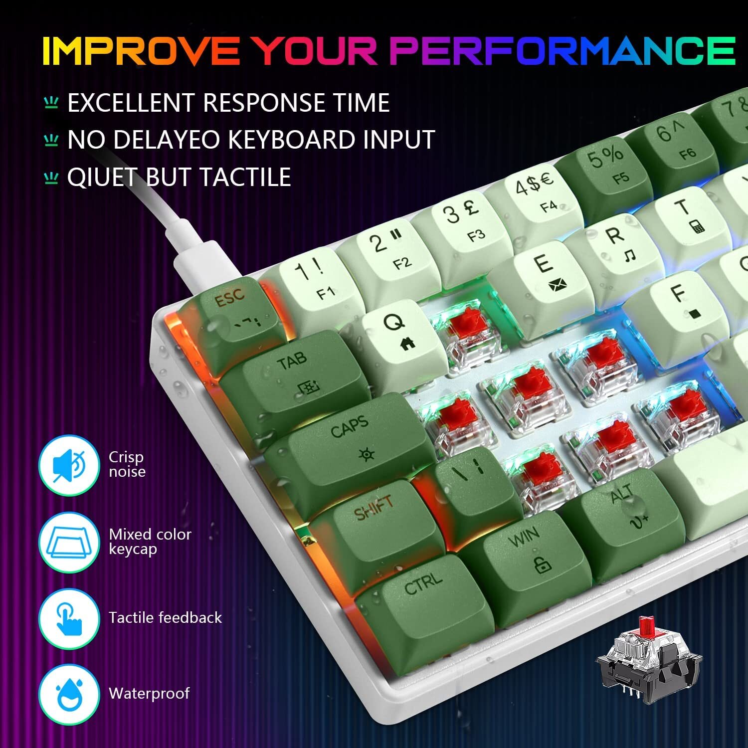 Mechanical Keyboard UK Layout Compact 62 Key Gaming RGB Backlit USB C ...
