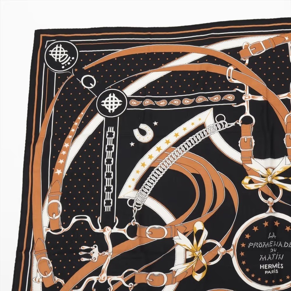 Hermes Shawl Scarf 140 cm La Promenade Du Matin Black Cashmere Silk ...
