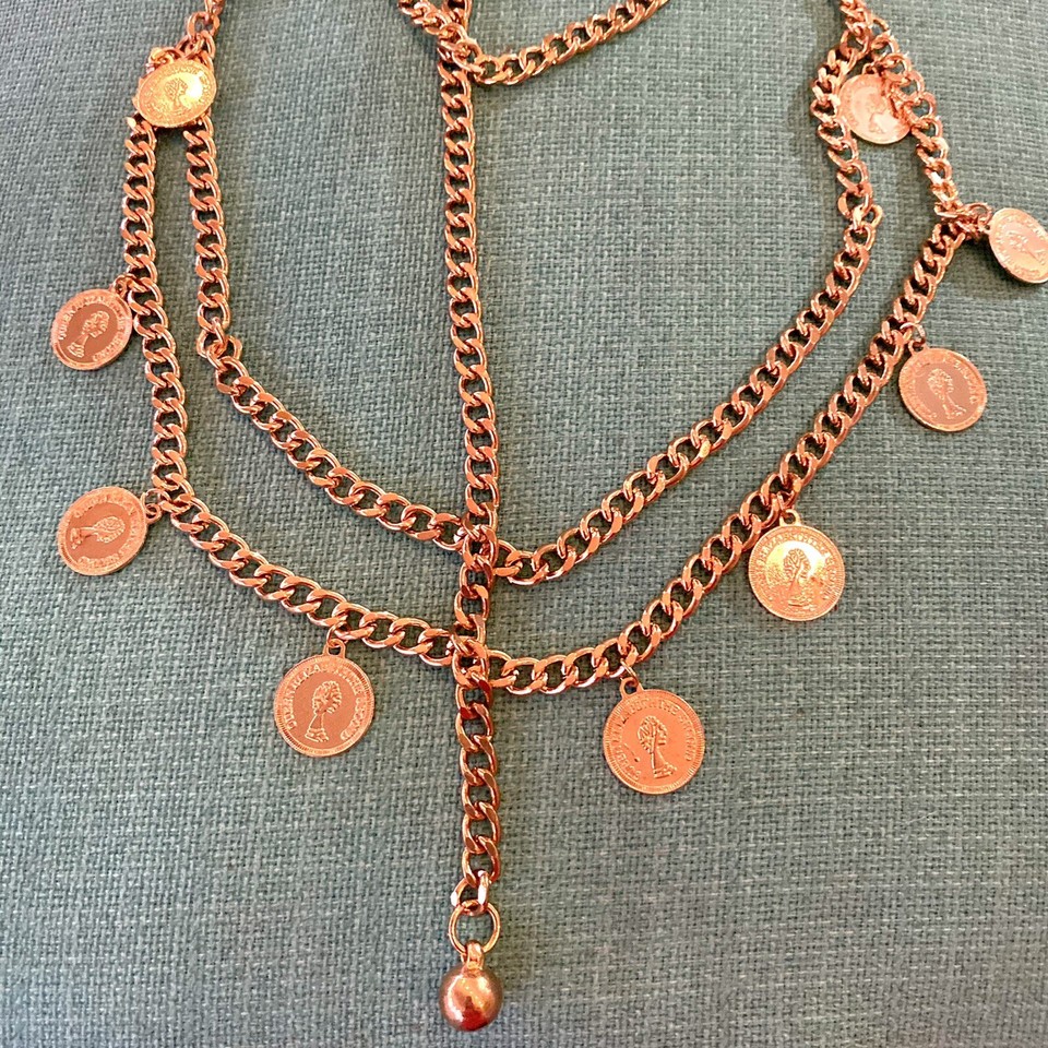 Vintage Queen Elizabeth II Faux Gold Coin Chain Belt Necklace Multi ...