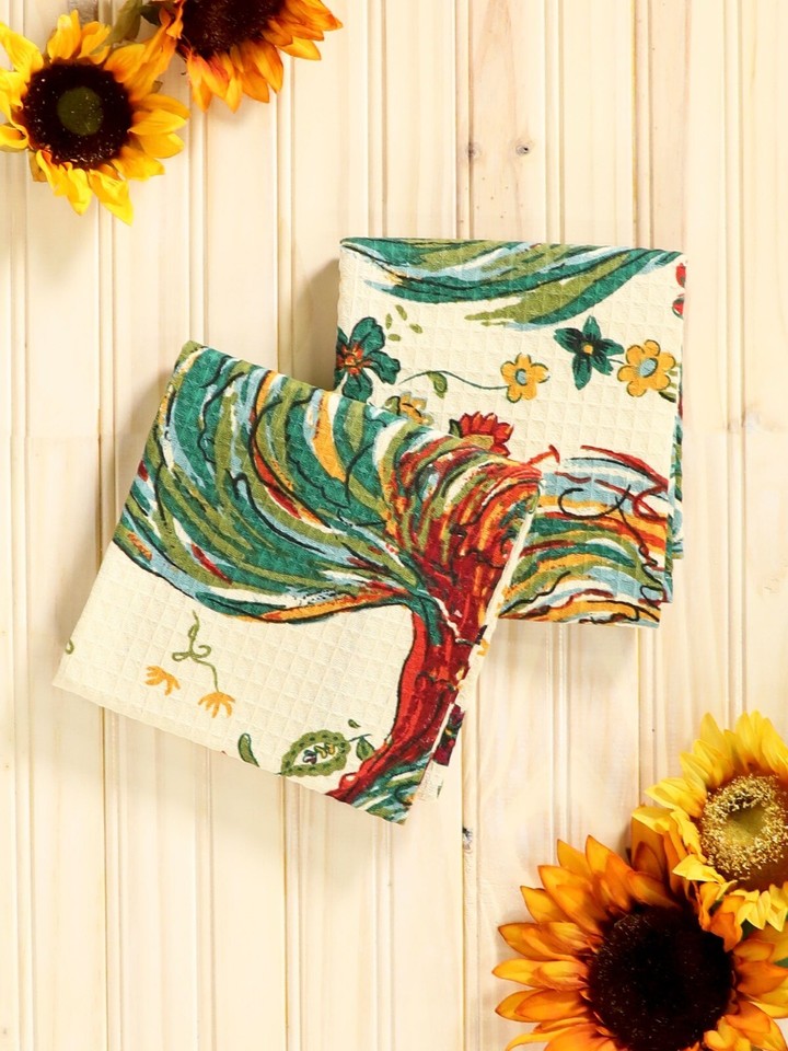 April Cornell Rooster Design Tea Towel Set of 2 Ecru, Rust, Teal, Gold ...