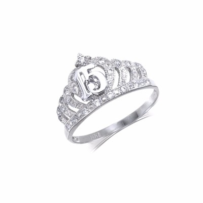 14K Solid White Gold CZ Crown Sweet 15 Ring | eBay