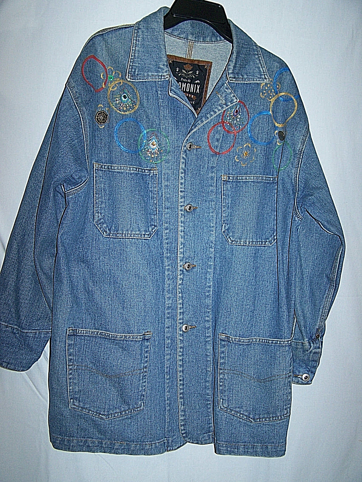 Womans Long Blue Denim Jacket W/Embelishment Button Front BY Chamonix ...