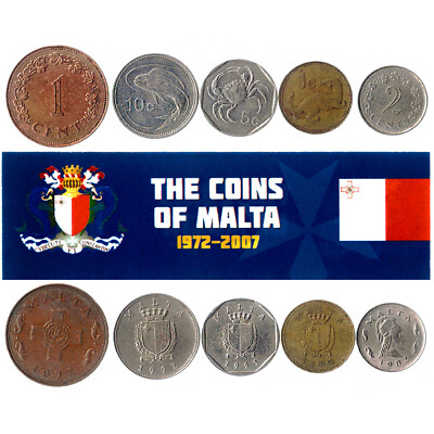 5 MALTESE COINS. DIFFERENT COINS MEDITERRANEAN. FOREIGN CURRENCY ...
