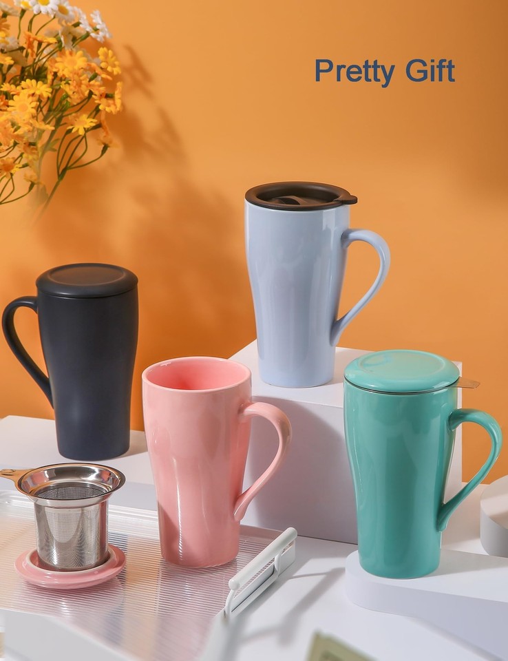 Tea Mug with Infuser and Lid, 18oz Large Tea Infuser Cup, Porcelain Tea ...