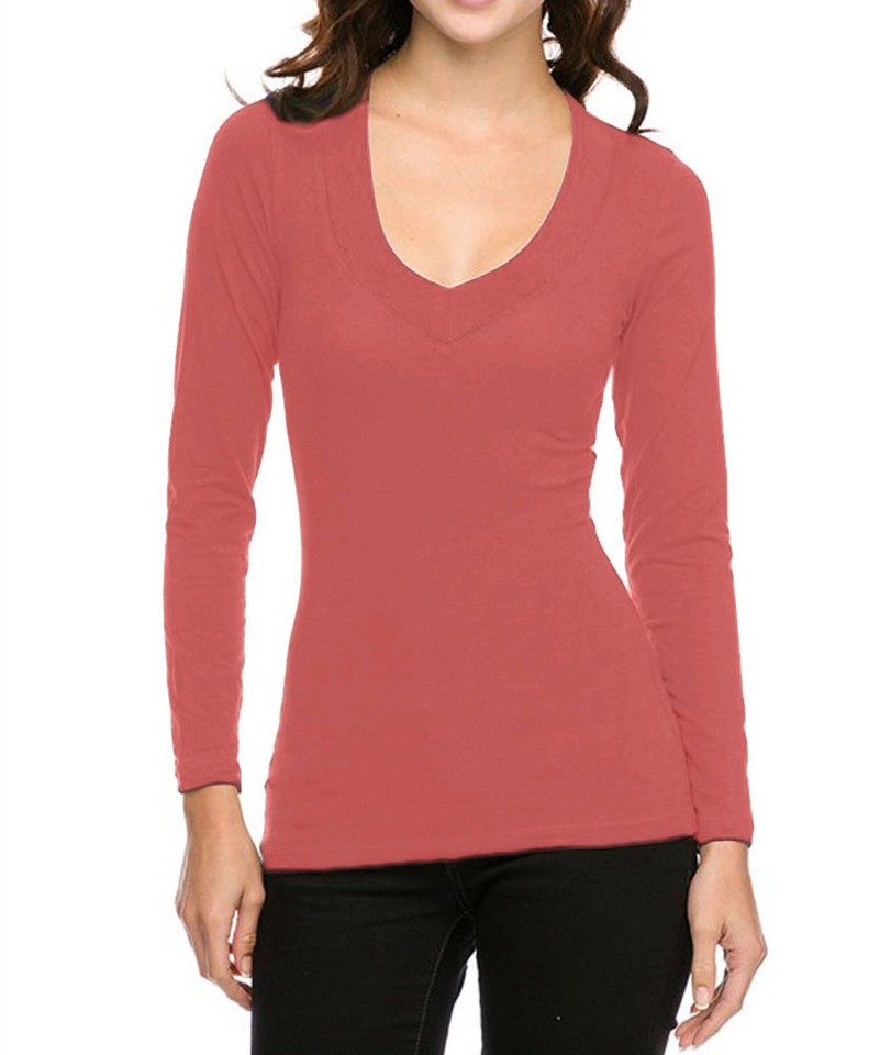Basic Jersey Cotton Wide V-Neck Long Sleeve Casual TEE SHIRT Sz S ~ L ...