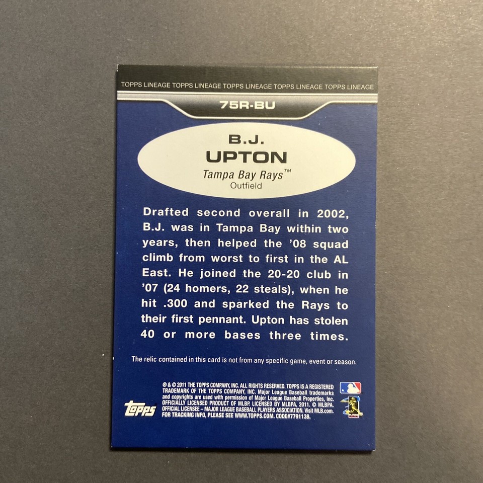 2011 Topps Lineage 1975 Mini Relics #BU B.J. Upton BJ Tampa Rays Jersey ...