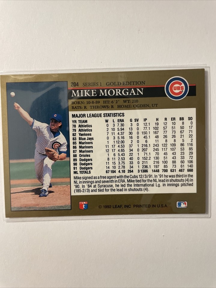 1992 Leaf Black Gold Chicago Cubs Baseball Card #204 Mike Morgan MLB ...