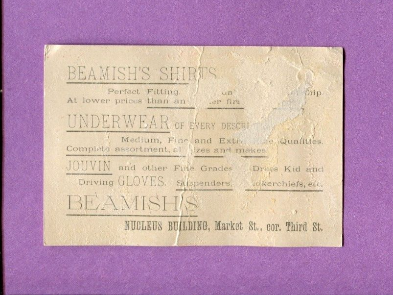 BEAMISH SHIRTS & UNDERWEAR 1882 ERA VICTORIAN TRADE CARD NUCLEUS ...