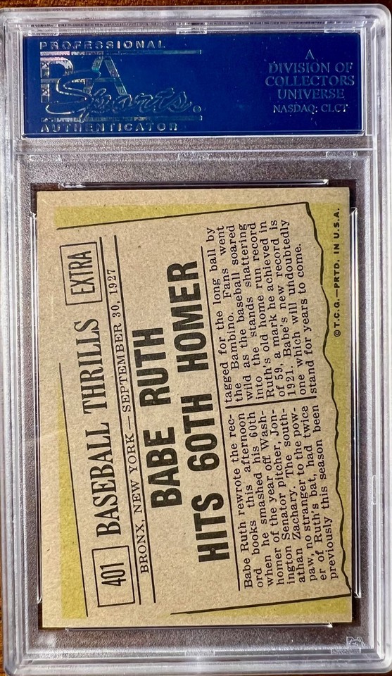 1961 TOPPS BABE RUTH HITS 60TH HOMER #401 NEW YORK YANKEES HOF PSA 6 EX ...