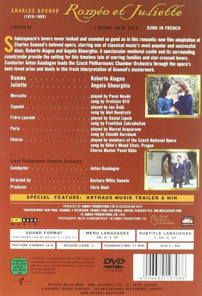 Romeo and Juliet (DVD) Tito Beltrán Jan Sváb Pavel Novak Roberto Alagna ...