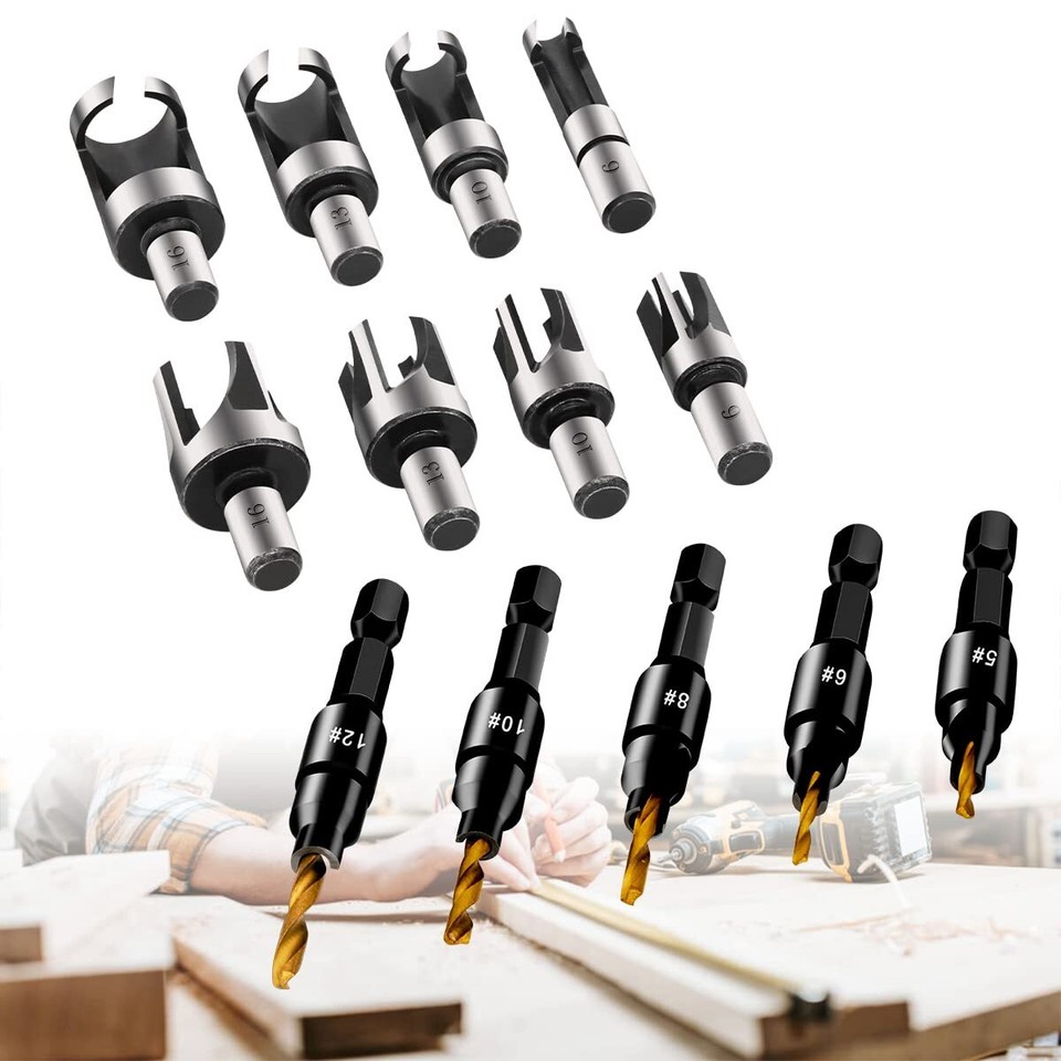 14pcs Countersink Drill Bit Set Kit with Wood Plug Cutter Tool Bits ...