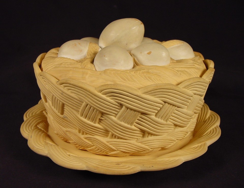 VERY RARE ANTIQUE GAME DISH w 8 CHICKEN EGGS CANE YELLOW WARE CANEWARE ...