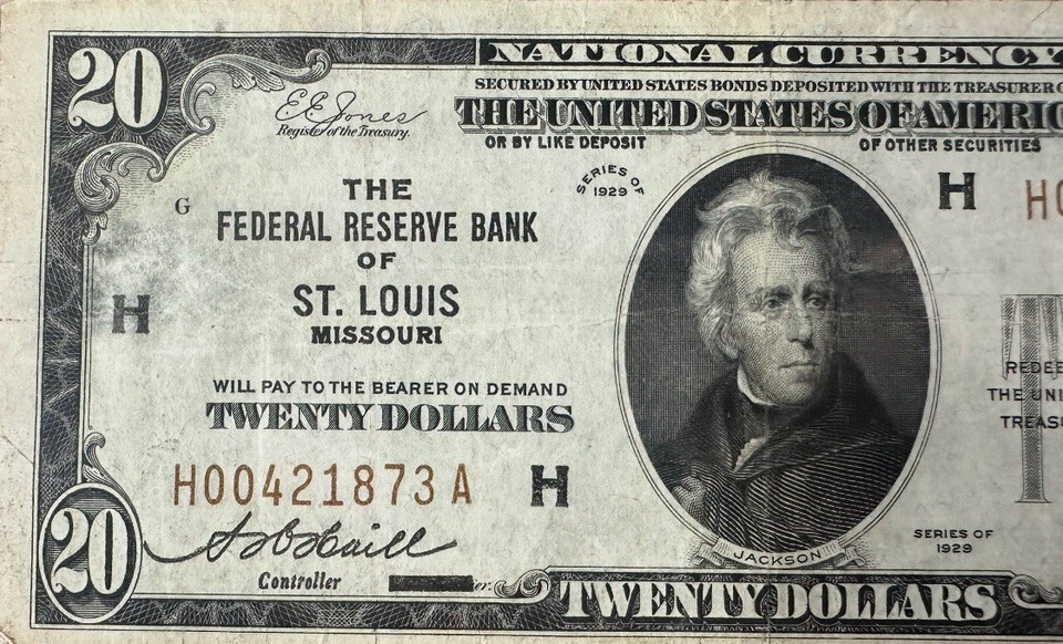 ST. LOUIS 1929 $20 NATIONAL CURRENCY NOTE. NO PINHOLES OR TEARS US ...