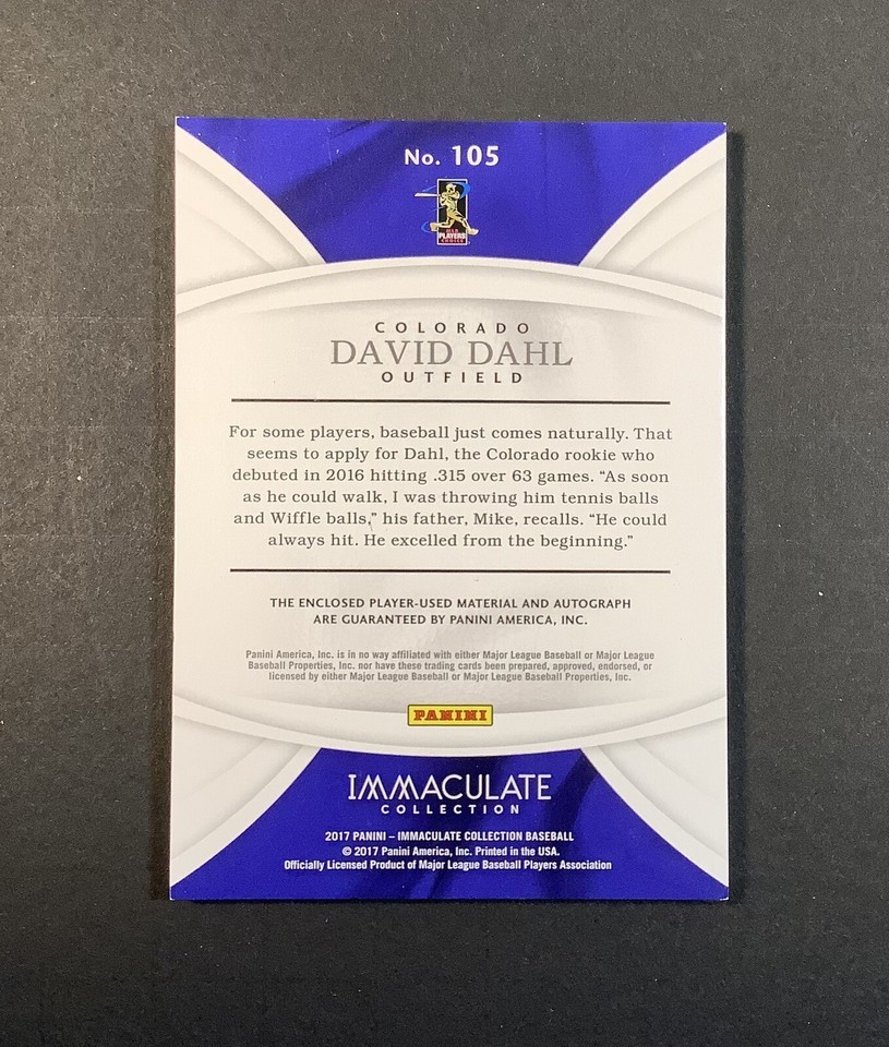 2017 DAVID DAHL Panini Immaculate Auto RC Autograph Rookie Patch 52/99 ...