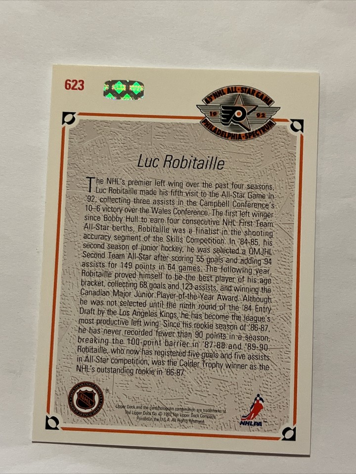 1991-92 Upper Deck LA Kings Hockey Card #623 Luc Robitaille All Star ...