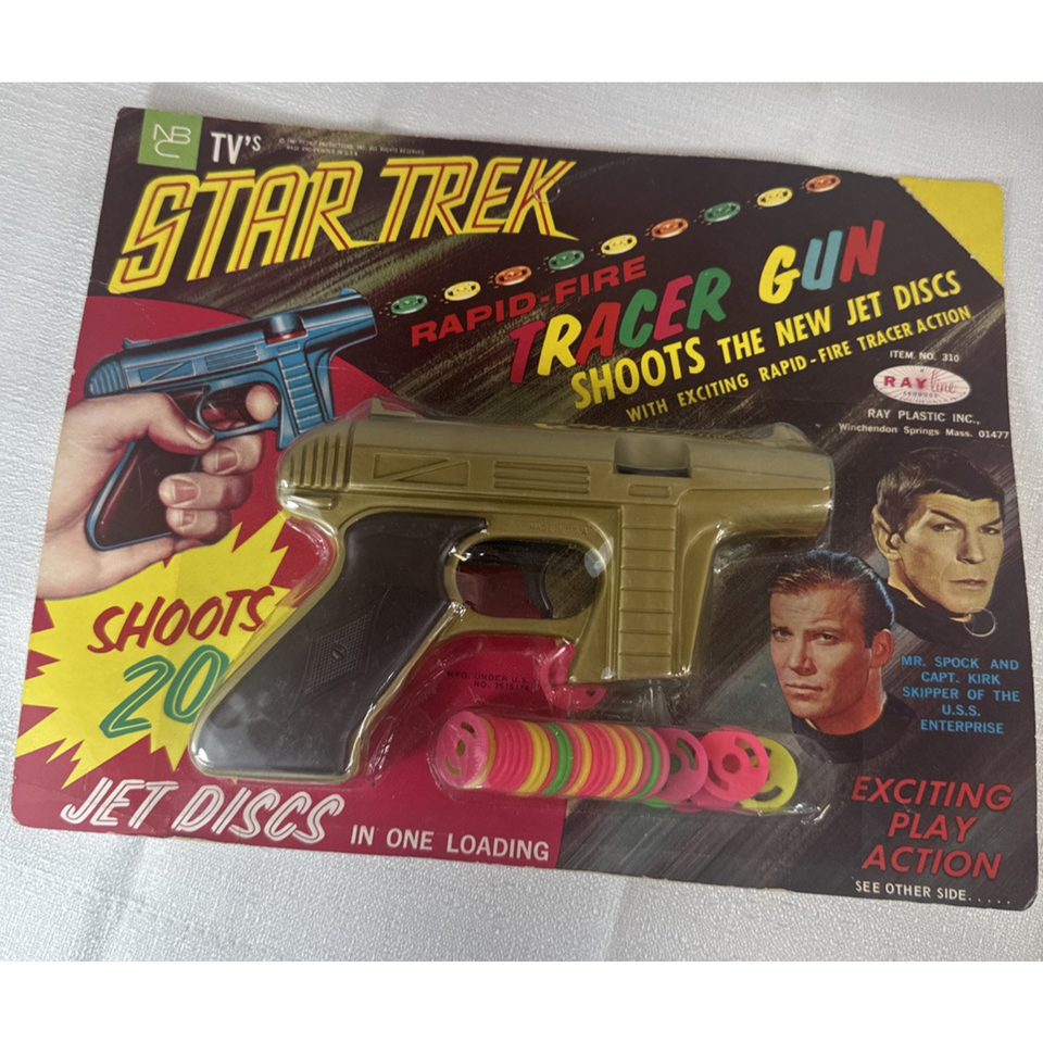 Vintage Rayline Star Trek Gold Tone Plastic Tracer Disc Toy Gun & Discs ...