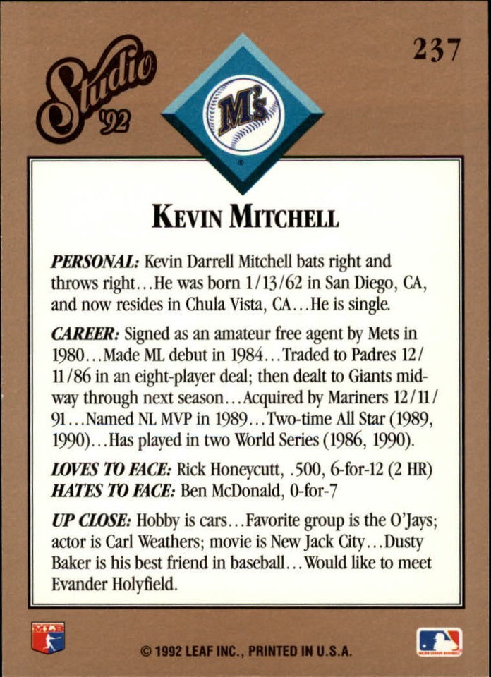 1992 Studio Seattle Mariners Baseball Card #237 Kevin Mitchell | eBay