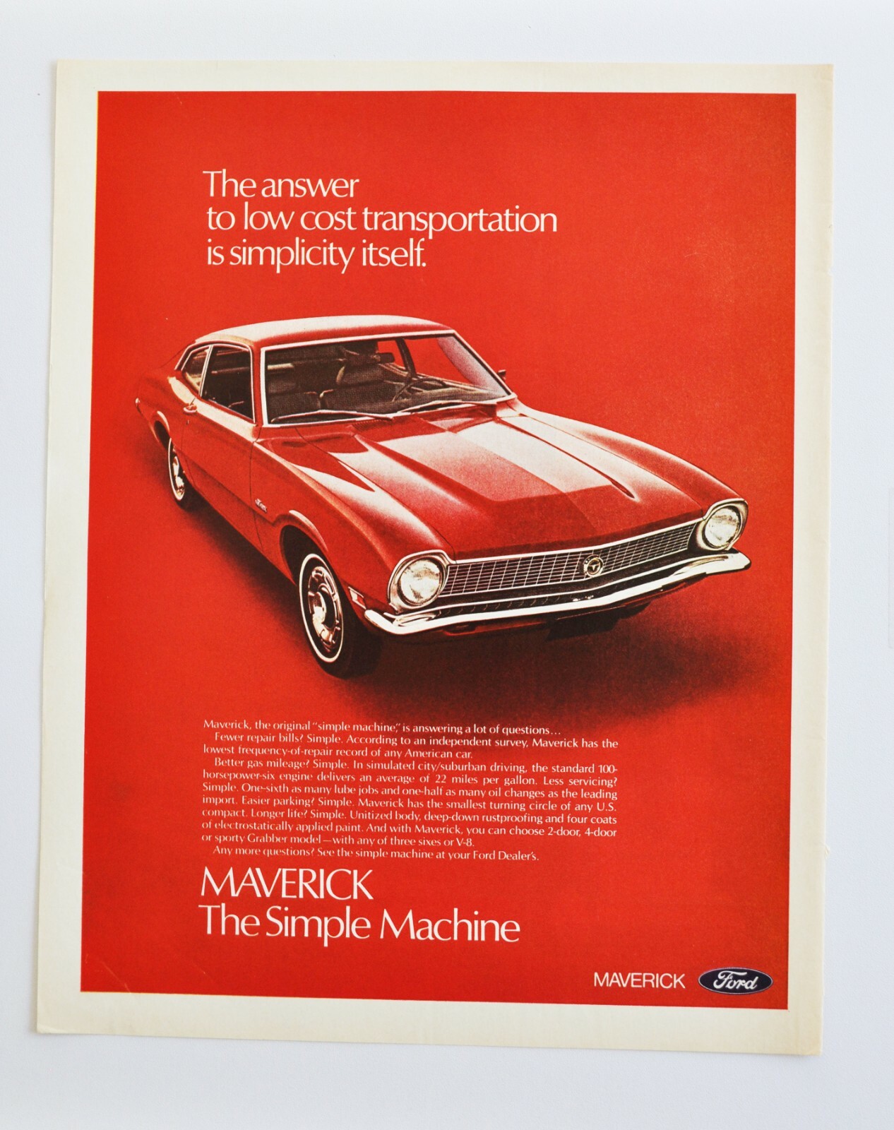 Large Car Ad - 1968 Ford Maverick (advertisement print poster brochure ...