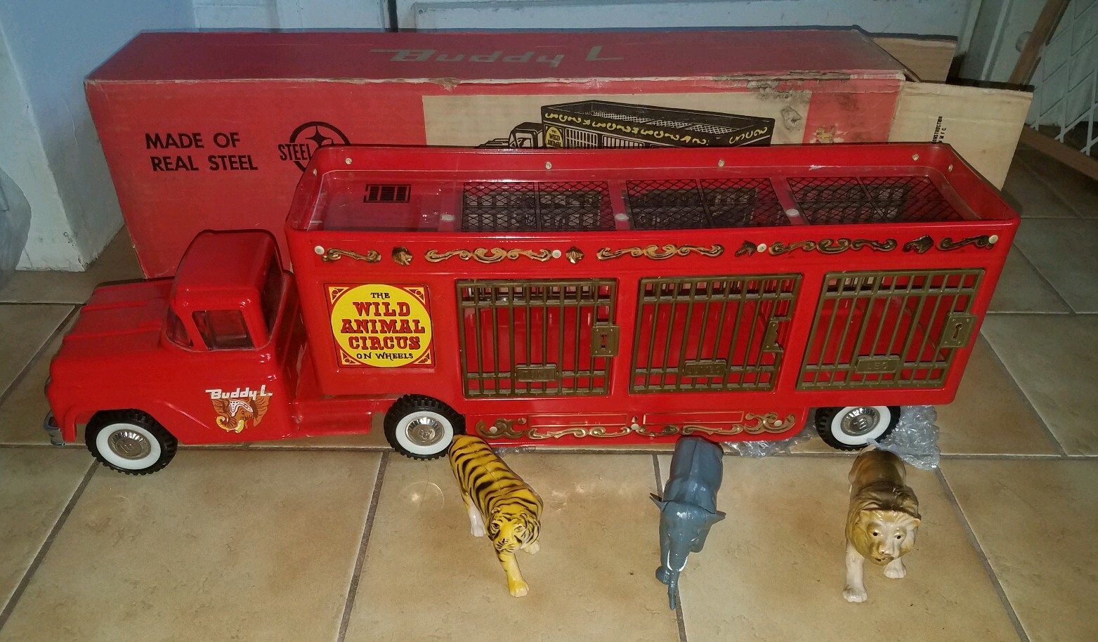 BUDDY L WILD ANIMAL CIRCUS TRACTOR TRAILER WITH ORIGINAL BOX AND ...