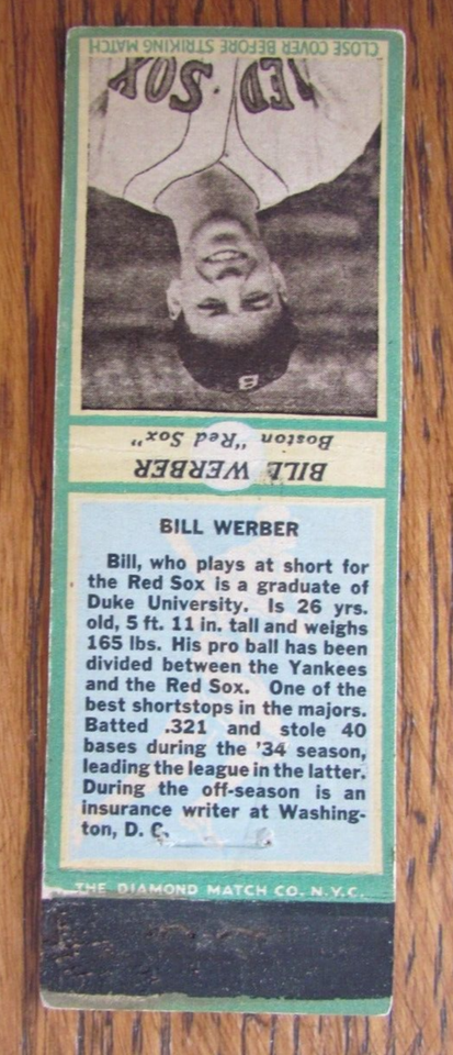 1935 BASEBALL MATCHBOOK MATCHCOVER: BILL WERBER BOSTON RED SOX DIAMOND ...