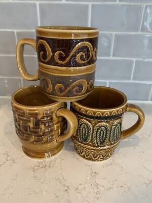 3 MCM Vintage Japan Pottery Mugs with Crazing Rope, Basket Weave. Ranch ...