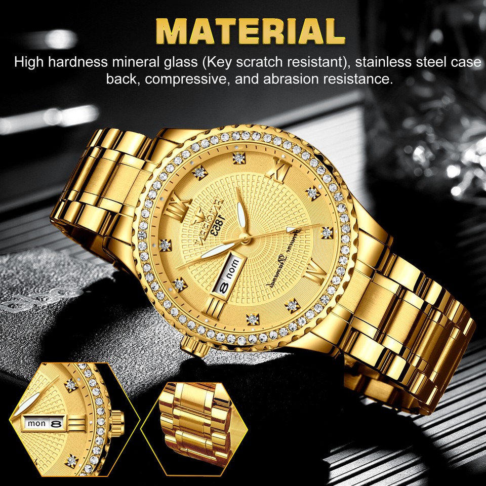 Waterproof Gold Men's Watch Classic Stainless Steel Quartz Analog ...