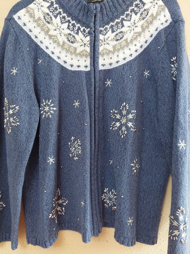 Crystal Kobe Womens L blue Christmas holiday cardigan sweater beaded ...