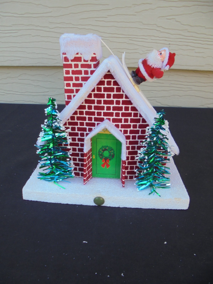 Vintage Animated Music Box Santa Skis Up Rooftop to Chimney Plays ...