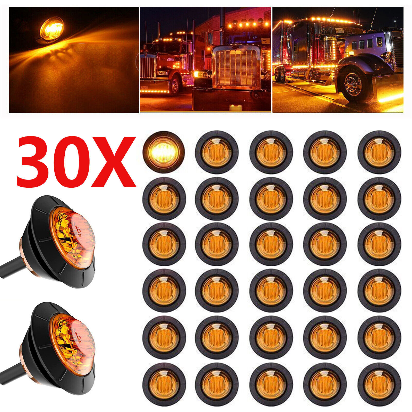 10-50X 3/4" LED Side Marker Lights Truck Trailer 12V Round Bullet ...