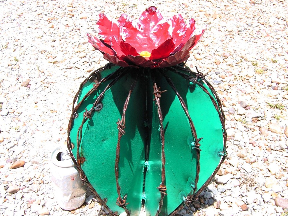 Metal Art cactus sculpture, Junk Iron Garden Art, Red with Red flower ...