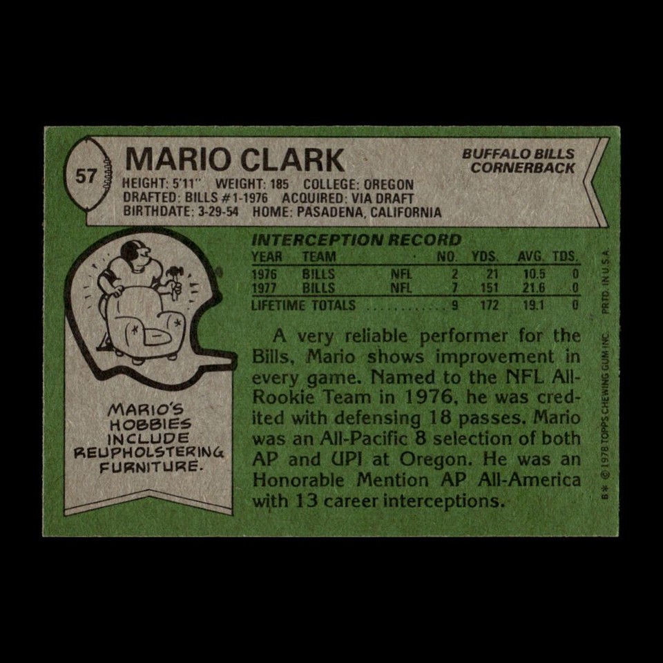 Mario Clark 1978 Topps Rookie Buffalo Bills #57 R308C 3 | eBay