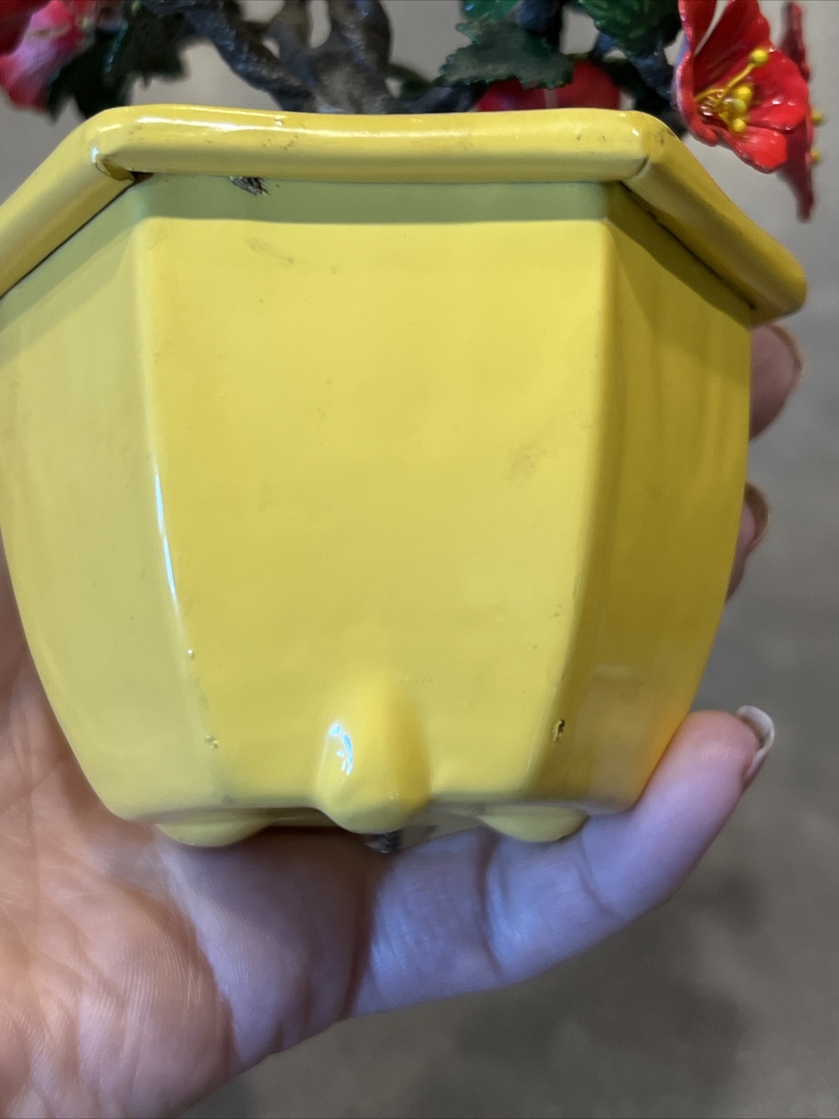 Vintage Bug Co Red Metal Art Hibiscus Tree Yellow Pot | eBay
