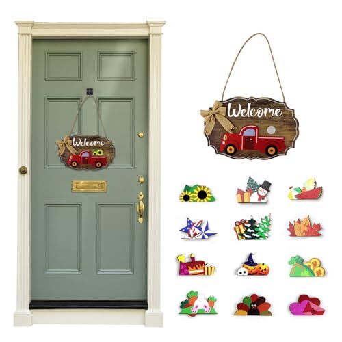 Welcome Sign for Front Door with 12 Changeable Icons Rustic Wood ...