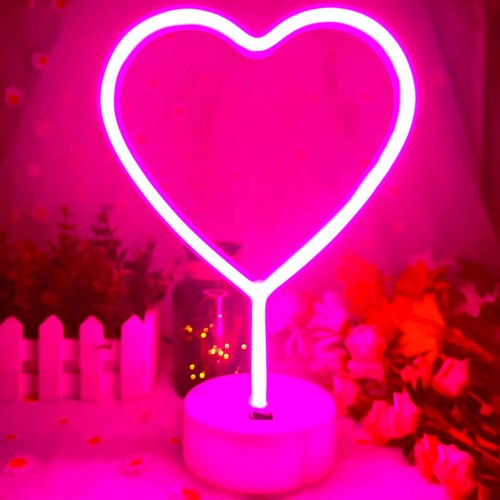 Neon Heart Sign Pink LED Light with Base, USB/Battery Powered Heart ...