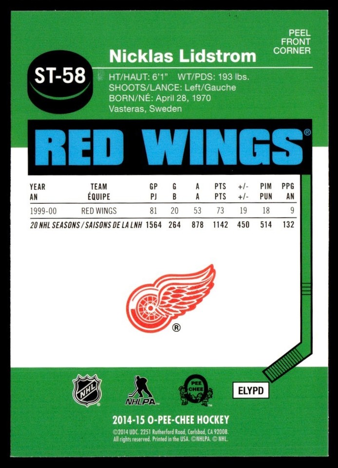 2014-15 O-Pee-Chee Stickers Nicklas Lidstrom Detroit Red Wings #ST-58 ...