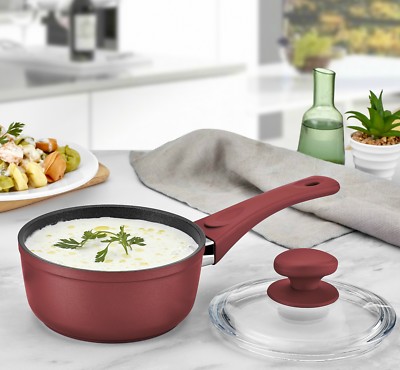 Saflon Titanium Red Nonstick Sauce Pan w/ Tempered Glass Lid, (1.5, 2 ...