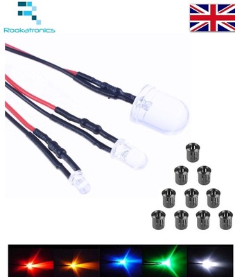 Prewired 12V LED 5mm 3mm 10mm White Red Green blue Bright etc Optional ...