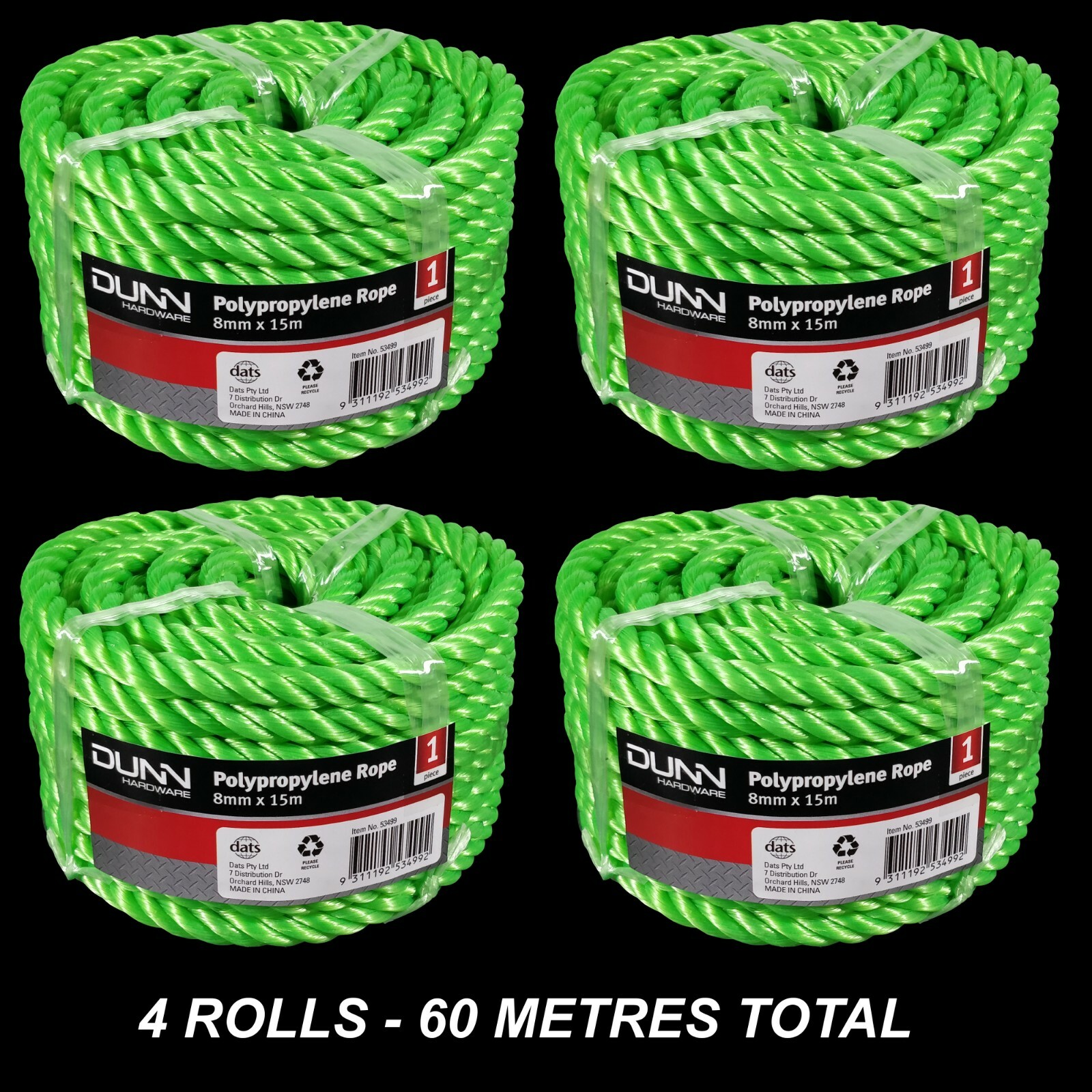 Bulk 4 Rolls of 8mm x 15m Polypropylene Rope GREEN - 60M Total | eBay ...