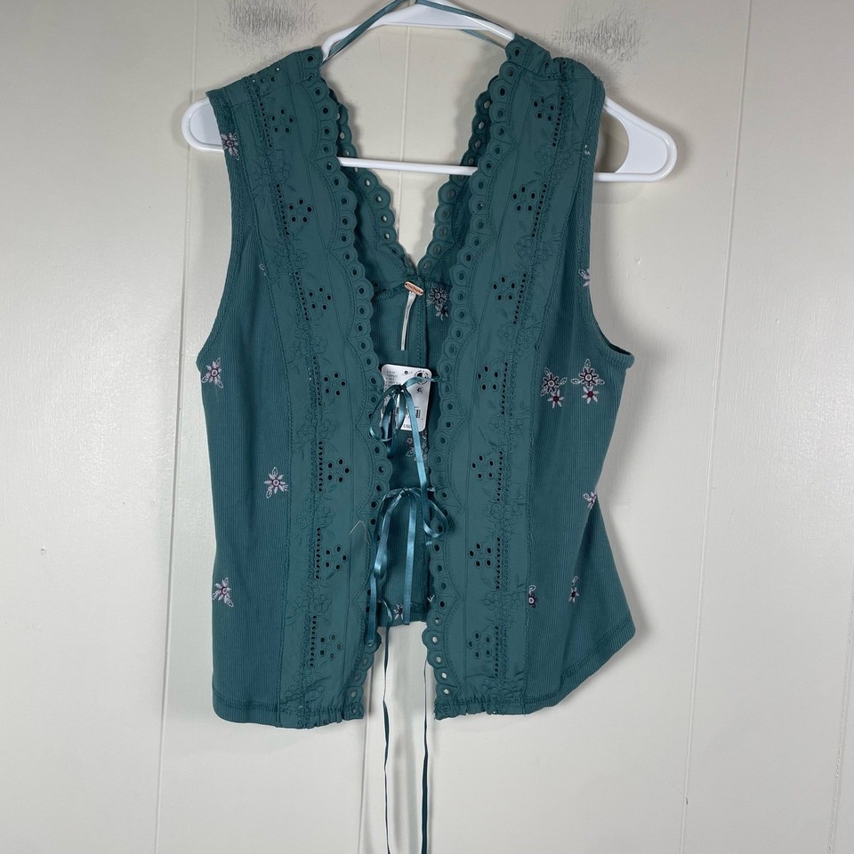 Free People Soft Corset Top Teal Green Eyelet Lace Up Floral Embroidery ...