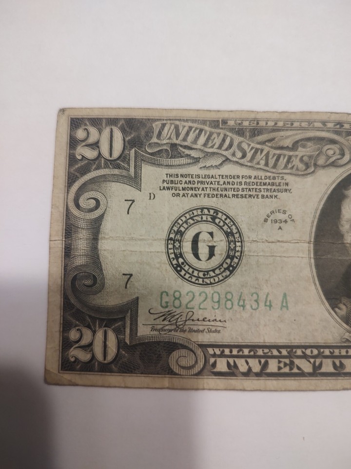 1934 series A 20 dollar bill Jackson G 7 D Rare Washington D.C. Federal ...
