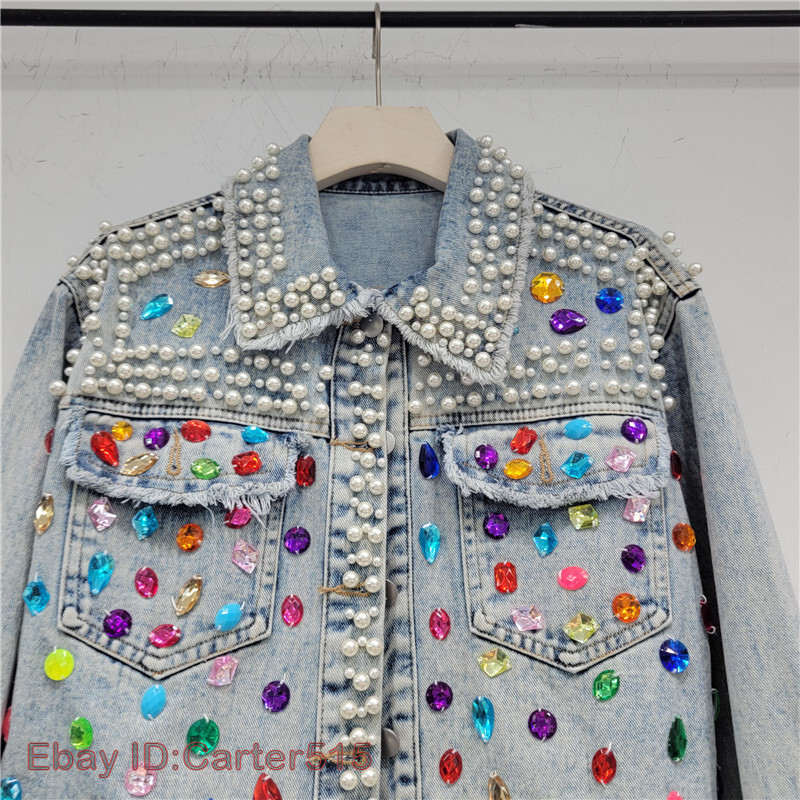 Women's Rhinestone Denim Beaded Jacket Button Casual Top Short Coat ...