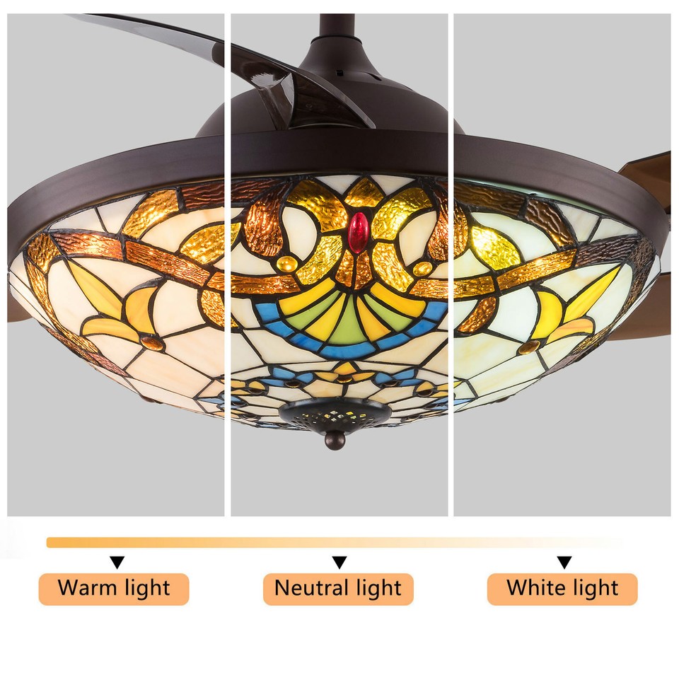 Tiffany Style Ceiling Fan Light Glass Shade Retractable Lamp Chandelier ...