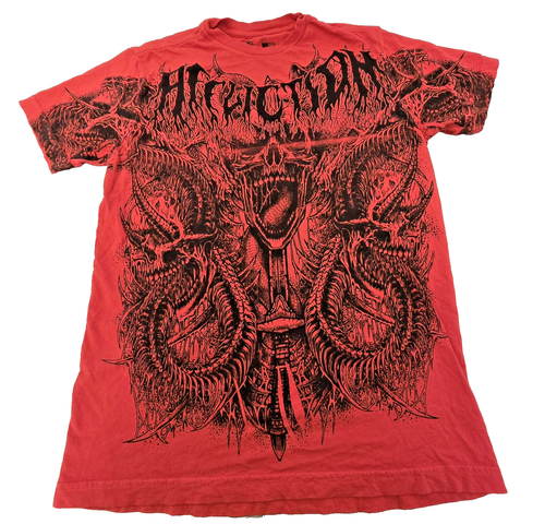 Affliction Shirt Mens Small Red Black Graphic Tee Crossbones Metal Band ...
